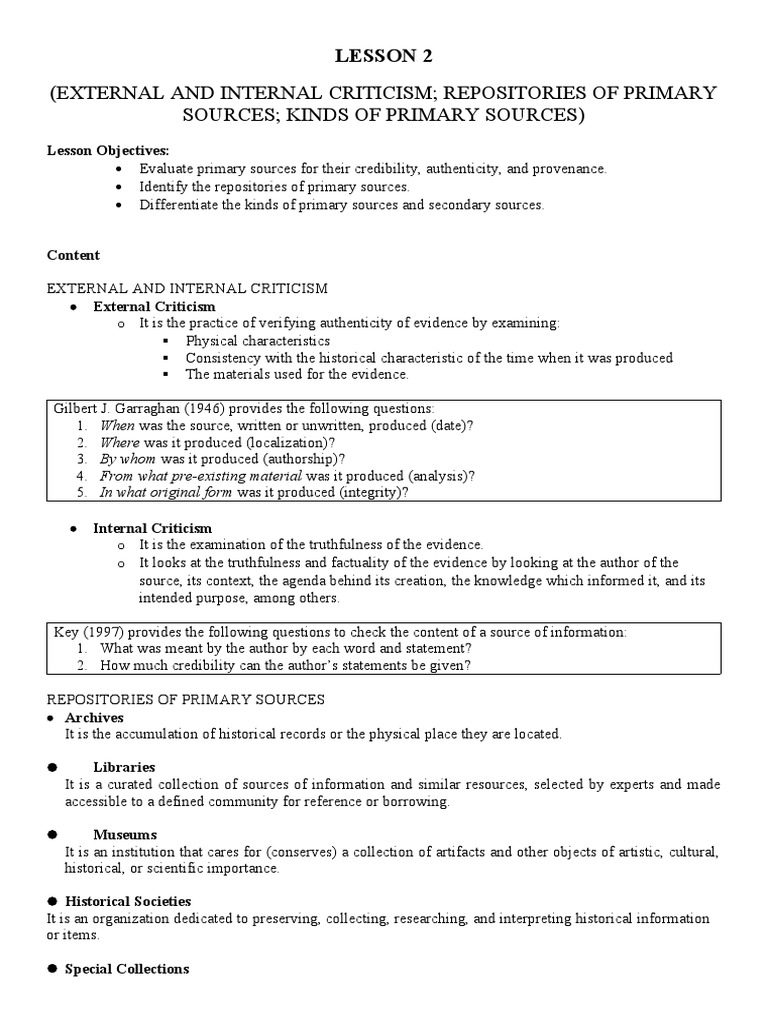External and Internal Criticism Repositories of Primary Sources Kinds ...