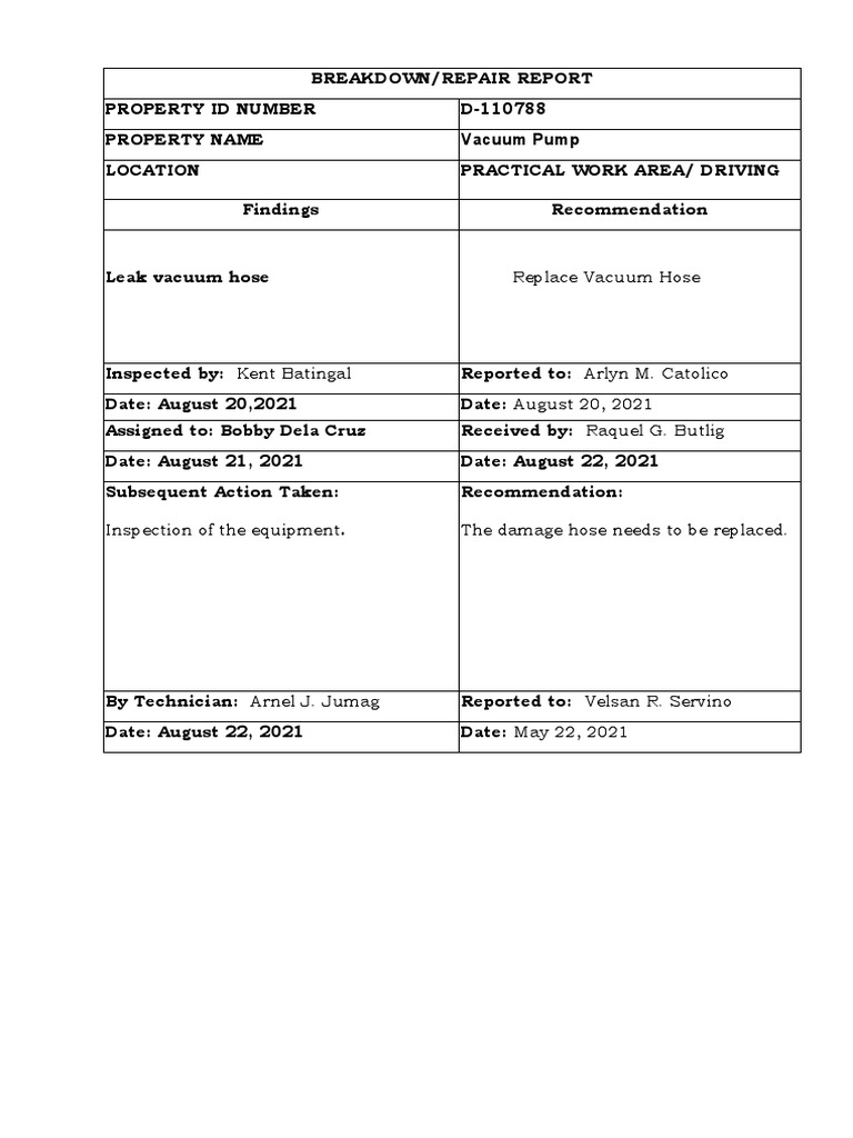 08 Breakdown Repair Report | PDF