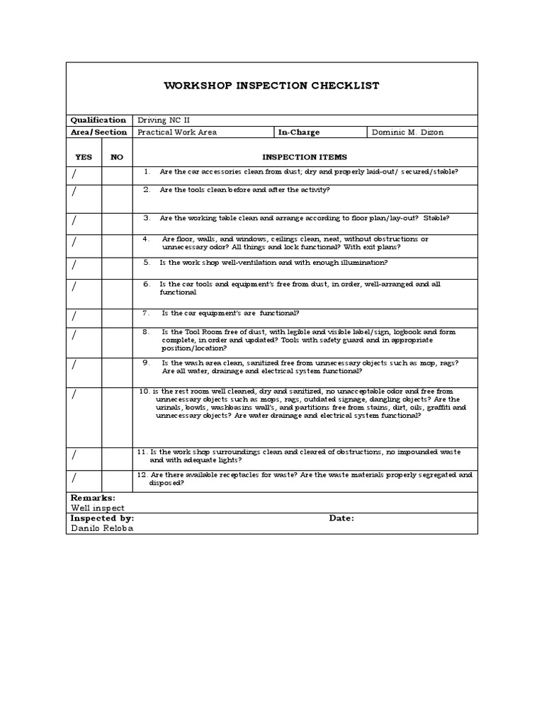 03 Workshop Inspection Checklist | PDF