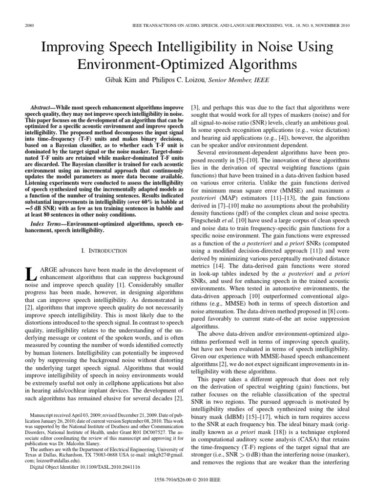 Improving Speech Intelligibility in Noise Using Environment-Optimized Algorithms | PDF | Speech ...