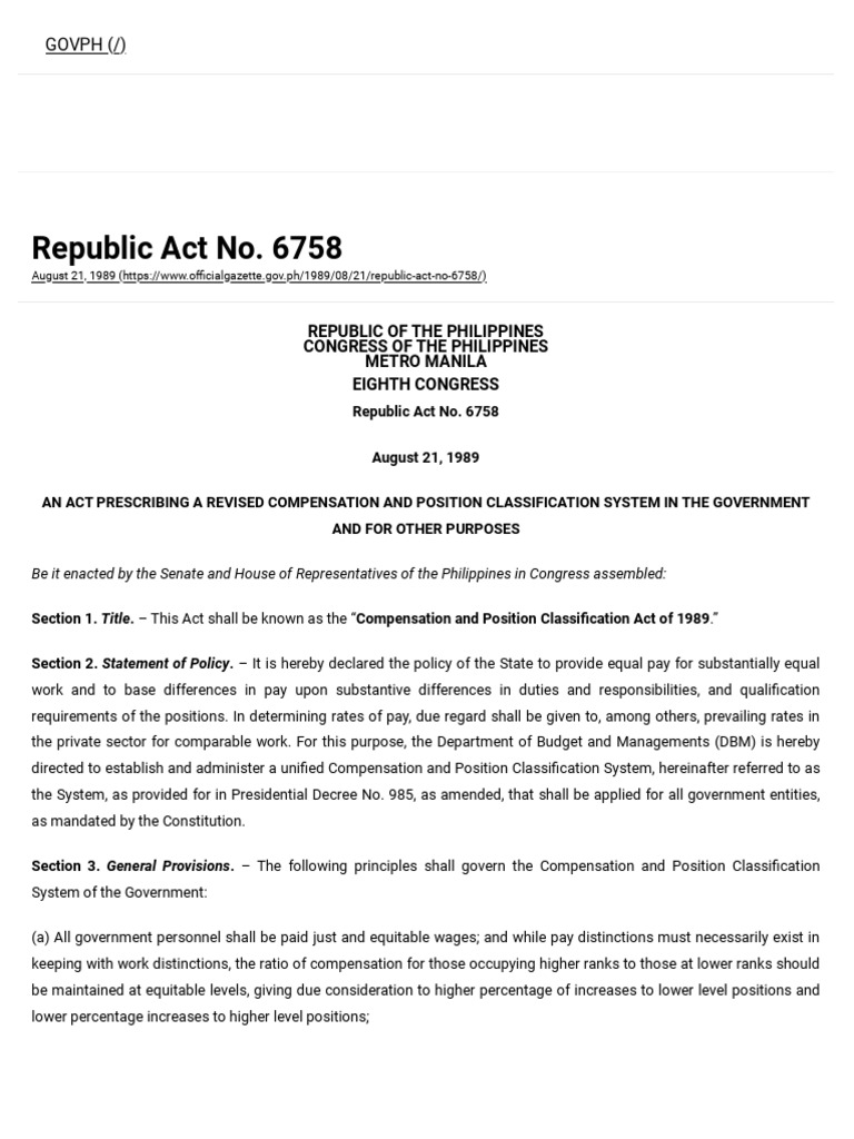 RA No. 6758 - Compensation and Classification Act of 1989 | PDF ... RA No. 6758 - Compensation and Classification Act of 1989 | PDF ...