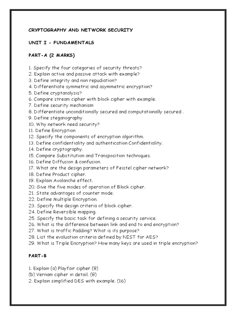 Cryptography and Network Security Unit I - Fundamentals Part-A (2 Marks) | PDF | Cryptography ...