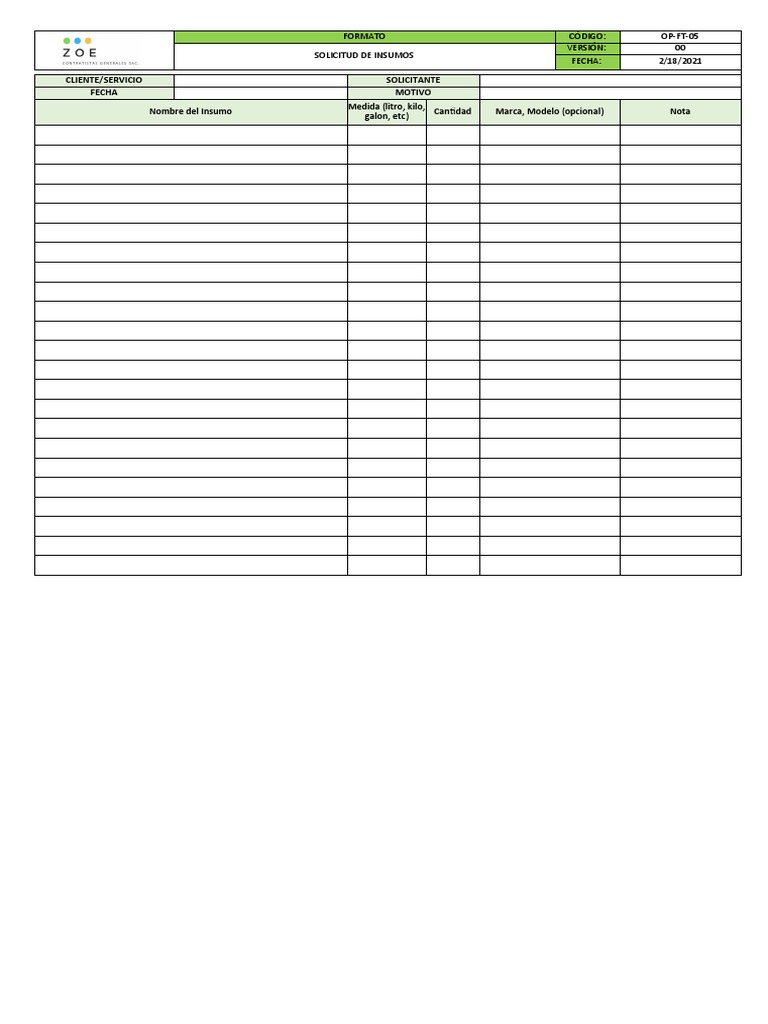 OP-FT-05 Solicitud de Insumos | PDF