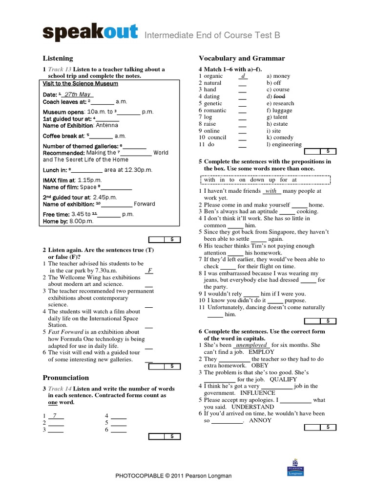 Intermediate End of Course Test B: Listening Vocabulary and Grammar ...