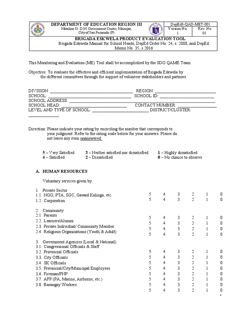 Deped3 Qad Met 001 Brigada Eskwela Product Evaluation Tool | PDF | Economies | Business