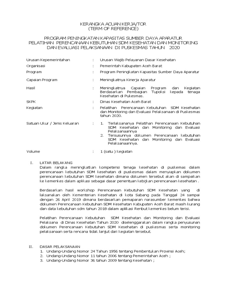 Kerangka Acuan Kerja Renbut 2020 | PDF
