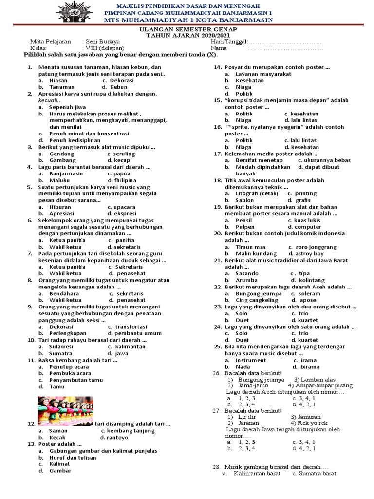 Soal Seni Budaya Kelas 8 Semster 2 Tahun 2020-2021 | PDF