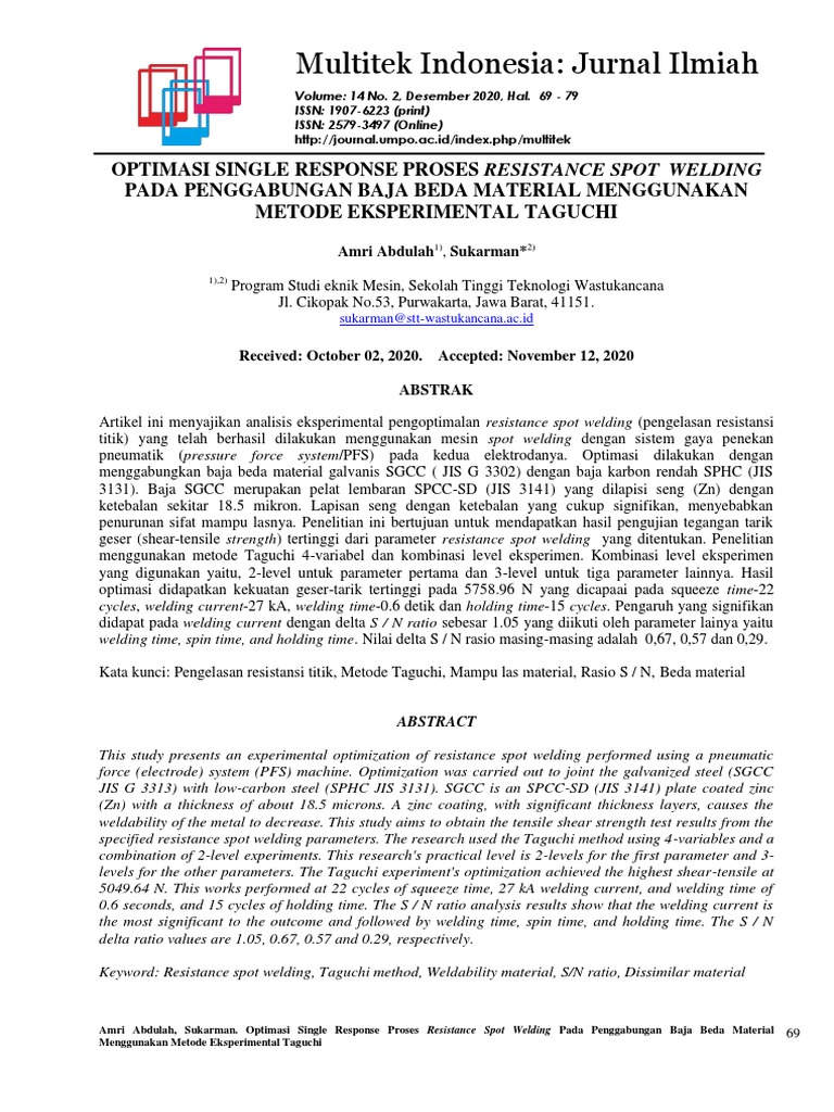 Optimasi Single Response Proses Resistance Spot Welding Pada ...