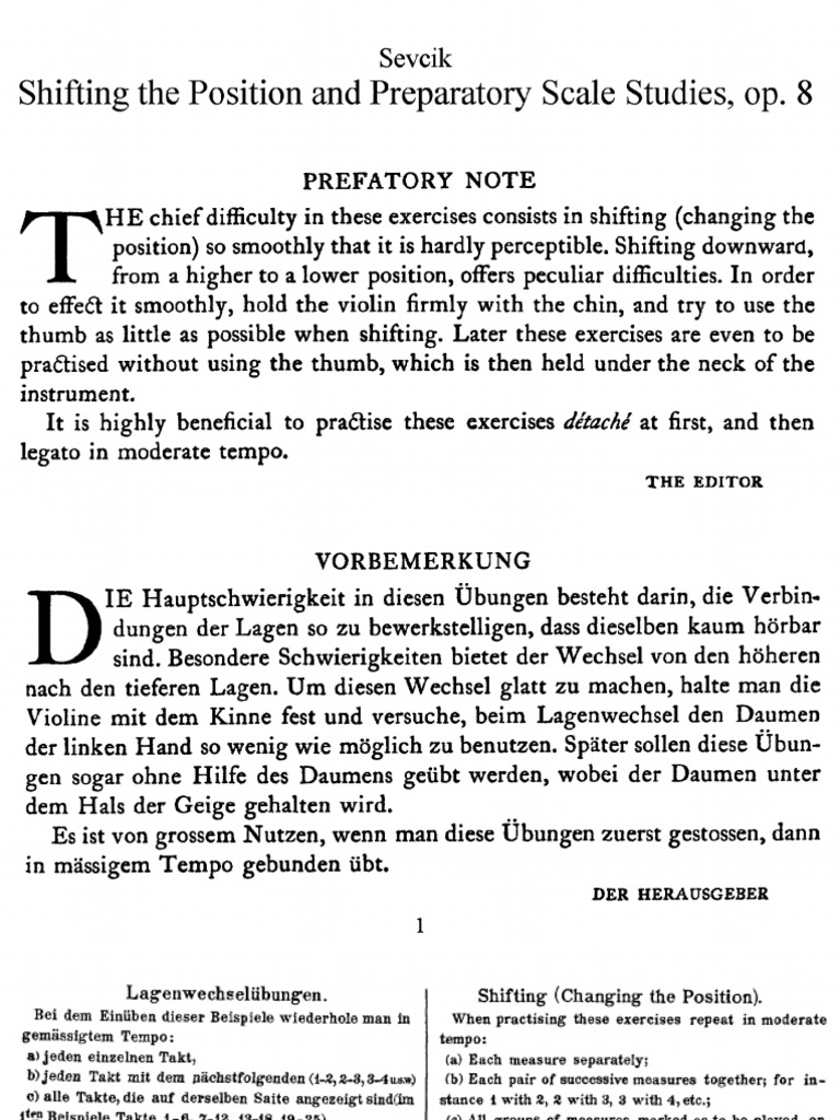 Sevcik Shifting The Position and Preparatory Scale Studies Op8 Violin | PDF