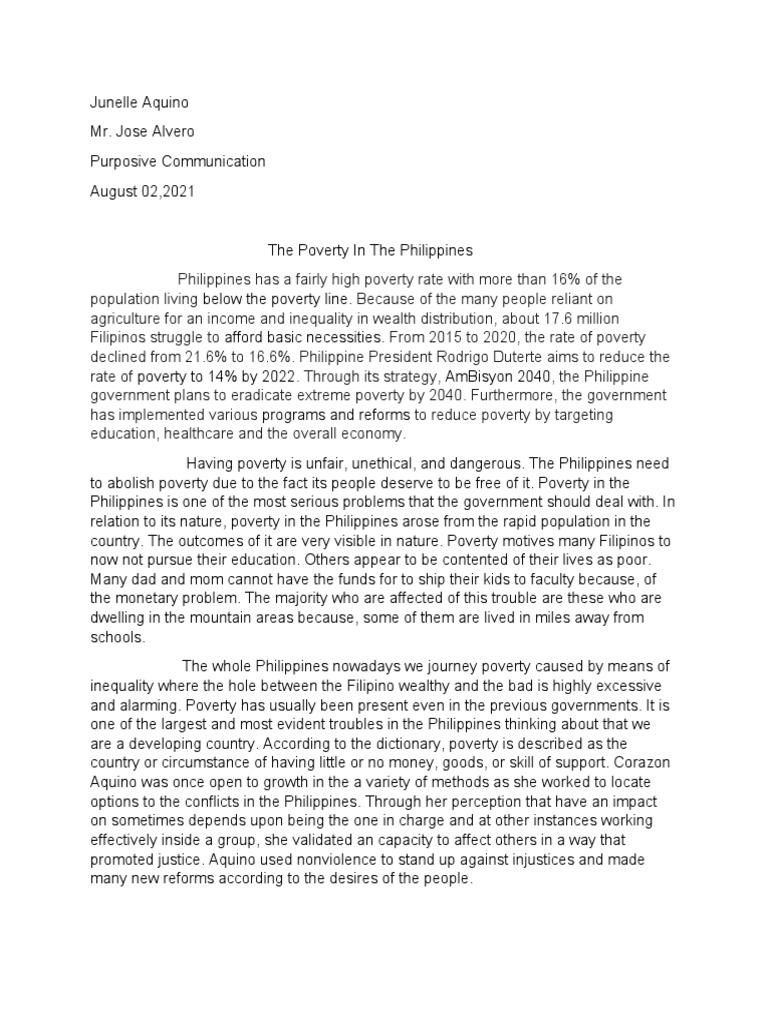 Aquino-Poverty in The Philippines (Documented Essay) | PDF | Poverty ...