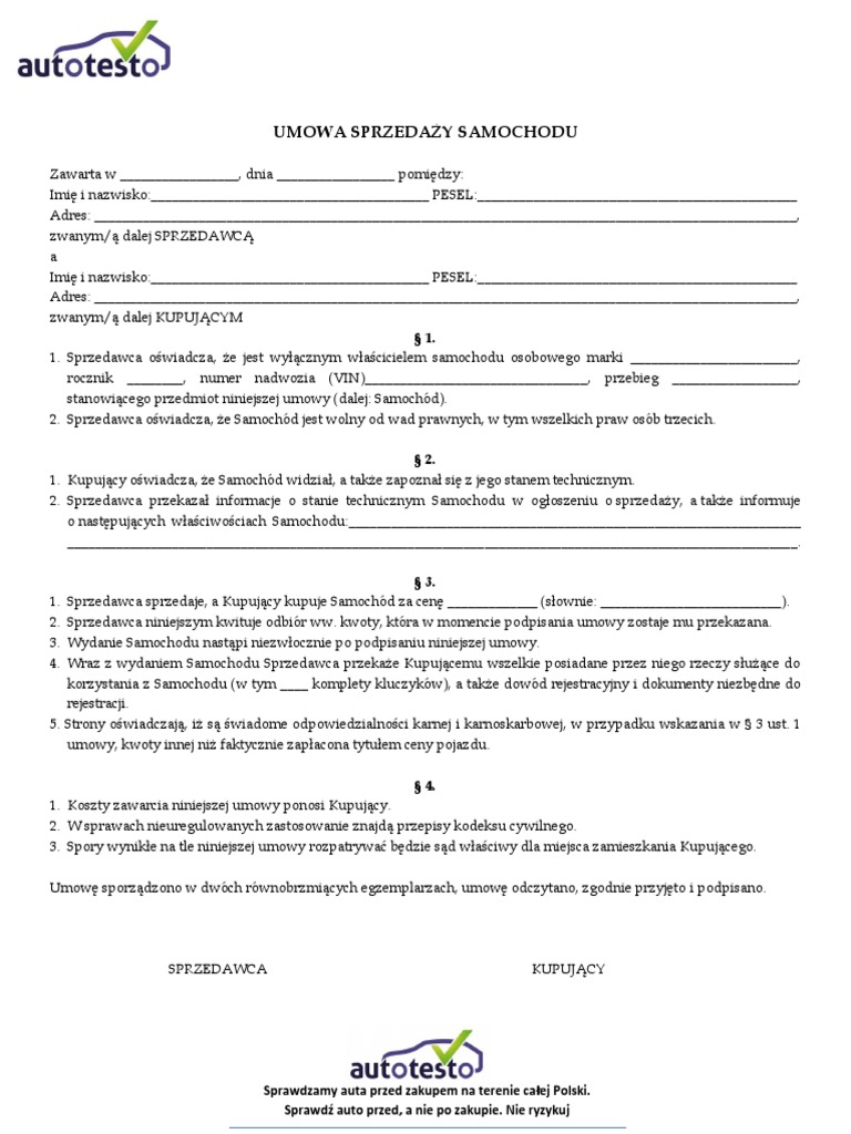 Umowa Kupna Sprzedazy Samochodu | PDF