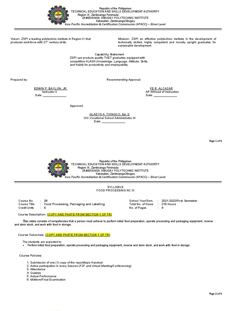 Diploma Syllabus Food Processing and Packaging DHMT | PDF | Test ...