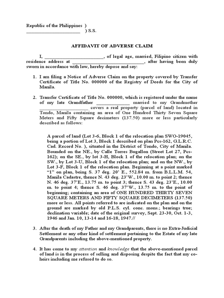 Affidavit of Adverse Claim Blank | PDF | Justice | Private Law