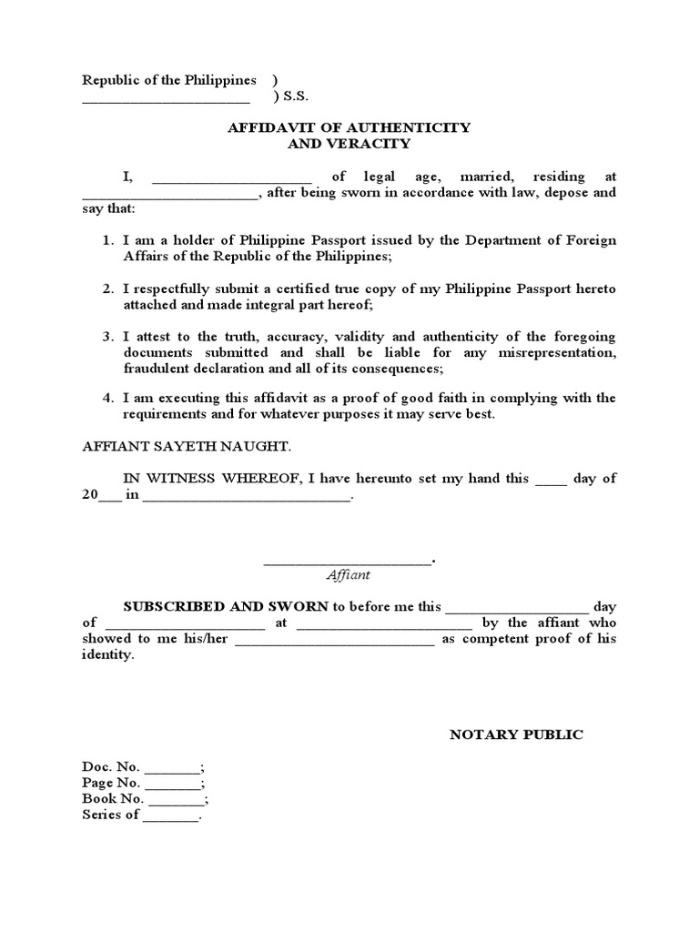 Affidavit of Authenticity and Veracity Blank | PDF