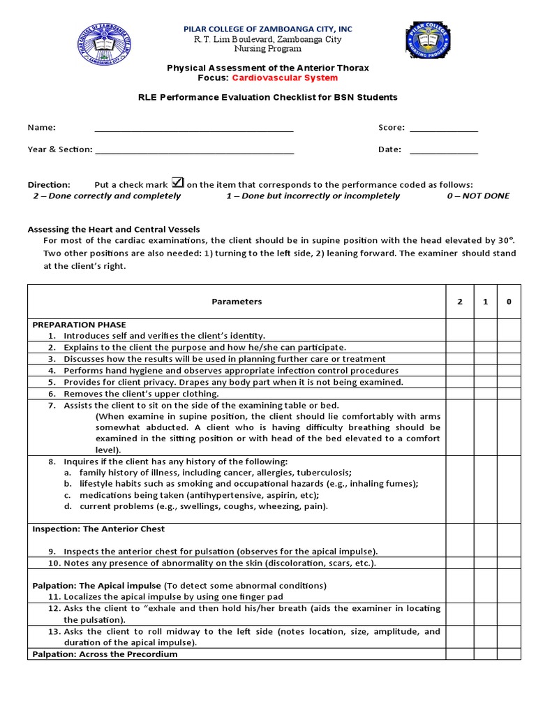 Checklist For Cardiac Assessment | PDF | Heart Valve | Medical Specialties