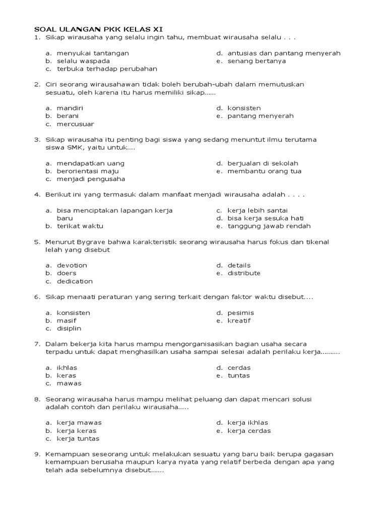 Soal Ulangan PKK Kelas Xi | PDF