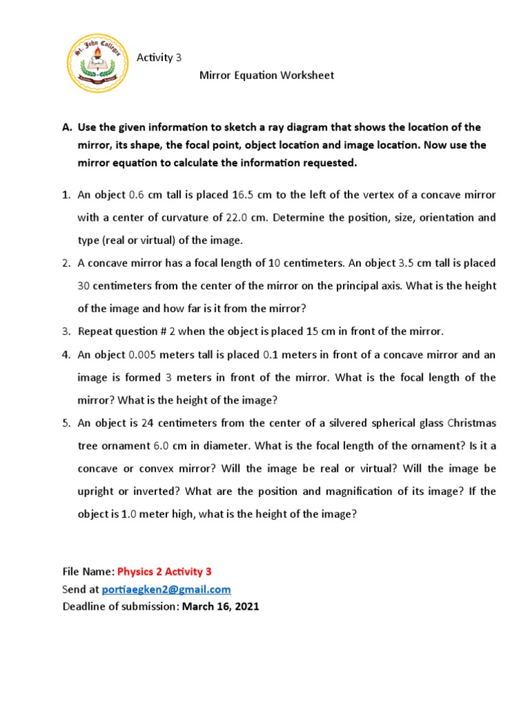 Class 10 Mirror Equation Worksheet | PDF