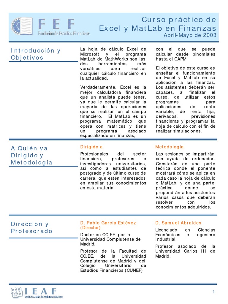 Curso Práctico de Excel y MatLab en Finanzas | PDF | Microsoft Excel | Matlab