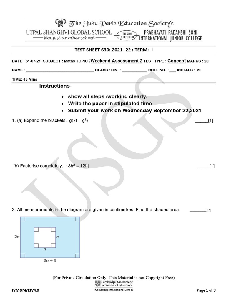 Math Weekend Assignment 2 GRD 8 | PDF