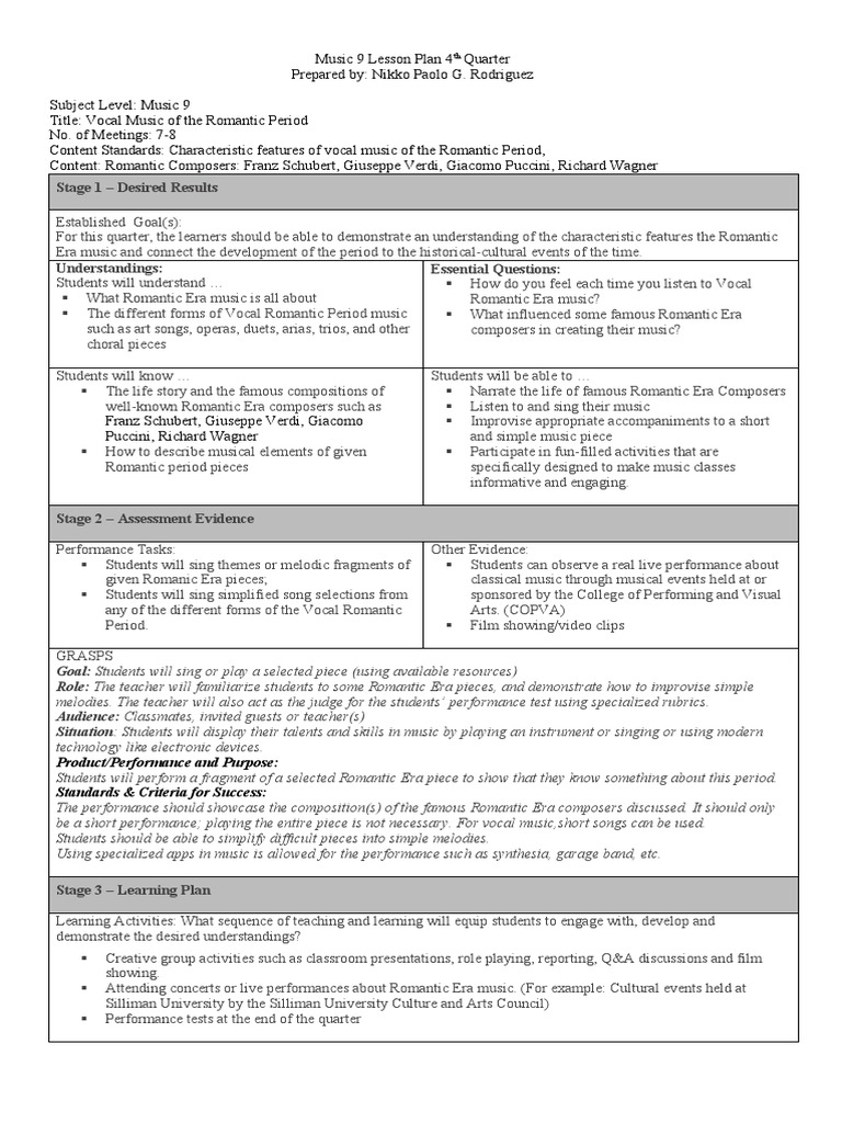Lesson Plan Grade 9 4th Quarter | PDF | Composers | Romantic Music