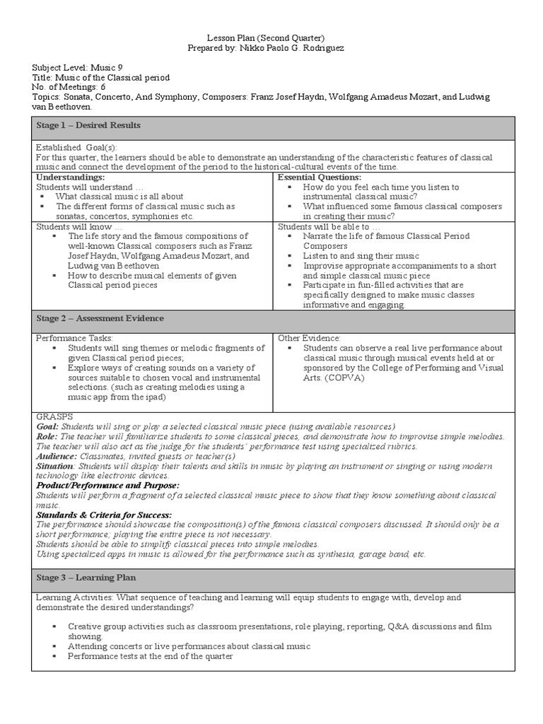 Lesson Plan Grade 9 Second Quarter | PDF | Classical Period (Music ...