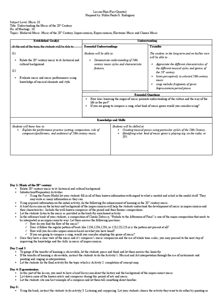 Lesson Plan Grade 10 First Quarter | PDF | Impressionism | Composers