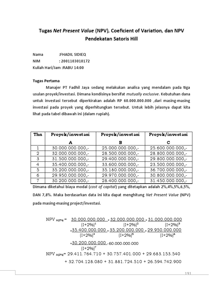 Fhadilsidieq - 2001103010172 - Tugas NPV Dan NPV Coeficient of Variation Serta NPV Satoris Hill ...