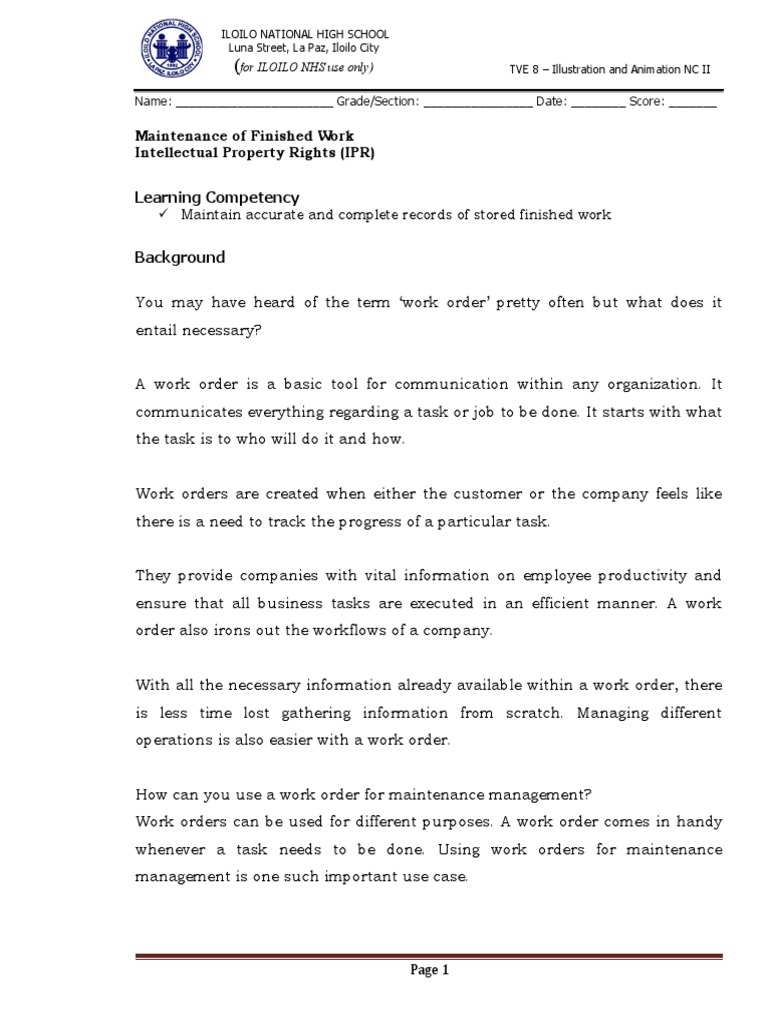 Learning Competency: Maintenance of Finished Work Intellectual Property ...