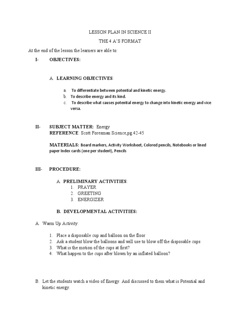 Lesson Plan | PDF | Kinetic Energy | Lesson Plan