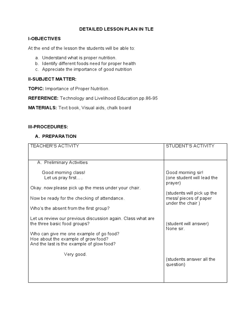 TLE Lesson Plan: Proper Nutrition | PDF | Lesson Plan | Cognition