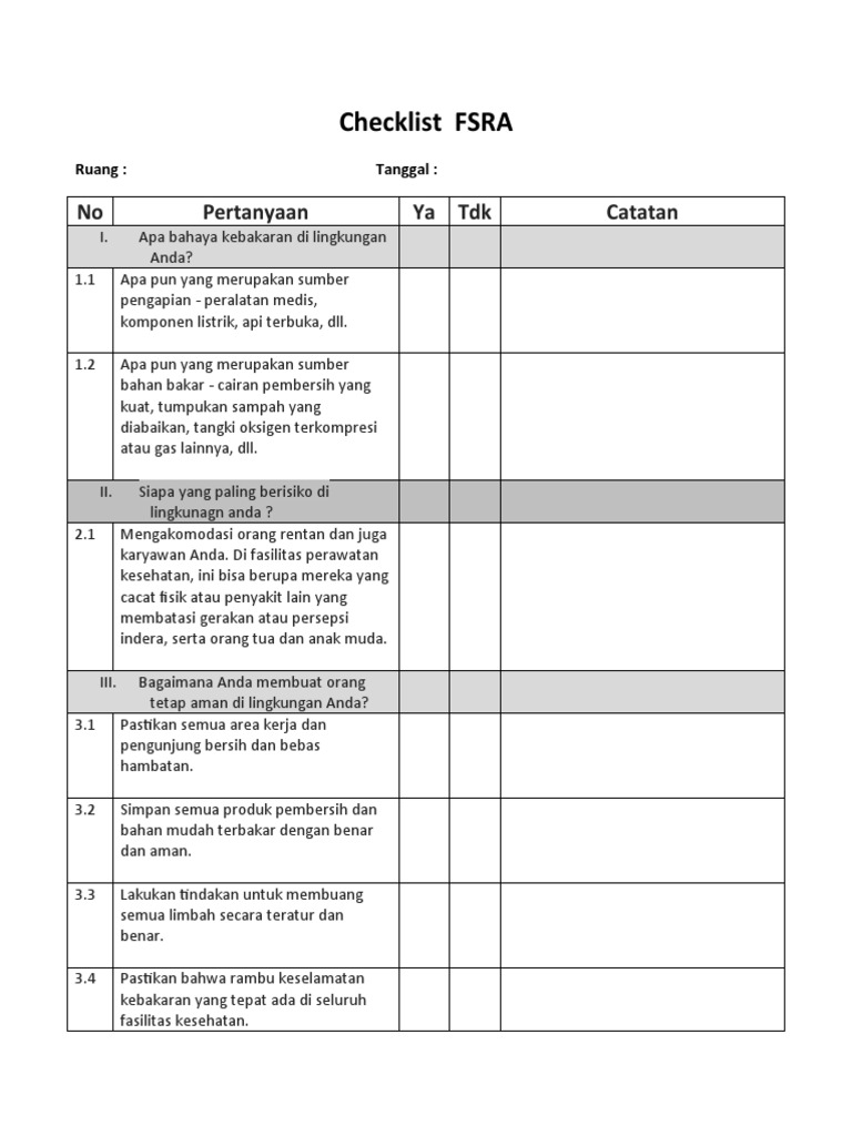 Checklist Keselamatan Kebakaran FSRA | PDF