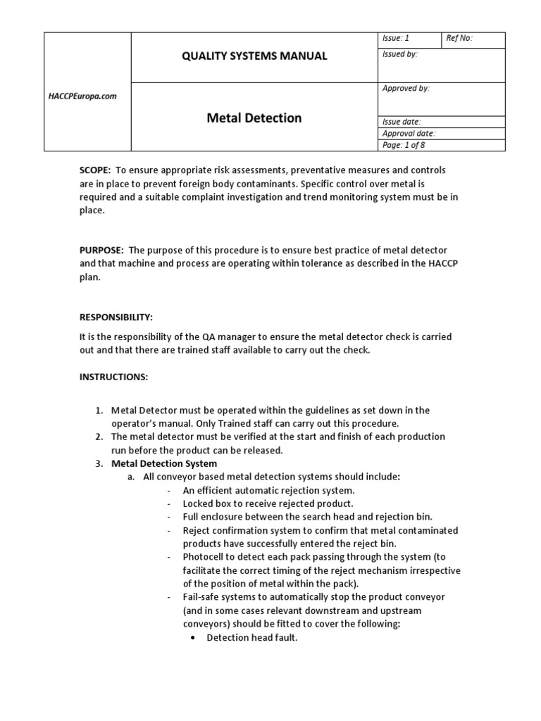 Metal Detection: Quality Systems Manual | PDF | Metal Detector
