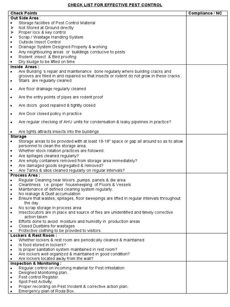CHECK LIST FOR EFFECTIVE PEST CONTROL M | PDF | Pest Control | Pest ...