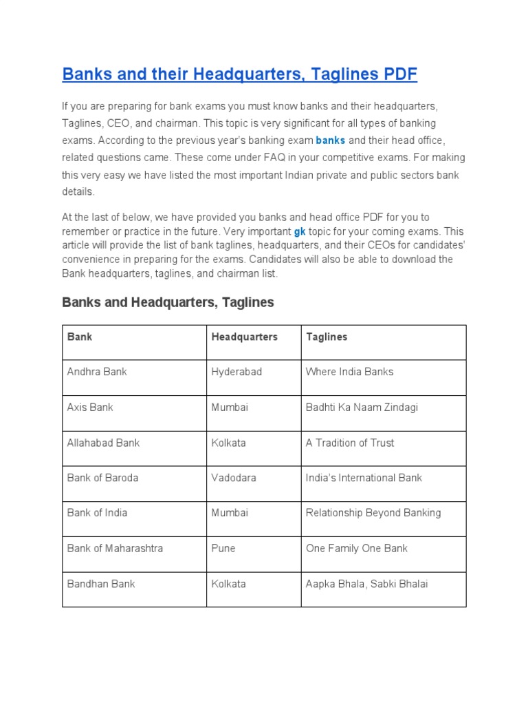 Banks and Their Headquarters, Taglines PDF | PDF | Economy Of India ...