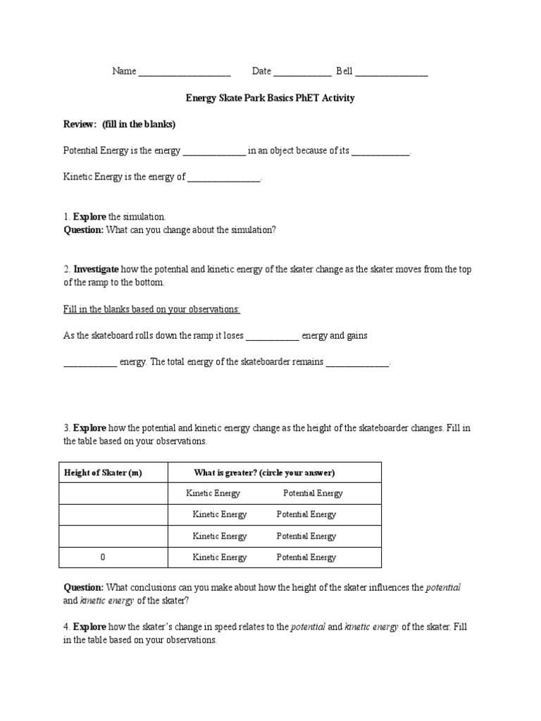 Energy Skate Park Basics Phet Activity Review: (Fill in The Blanks ...