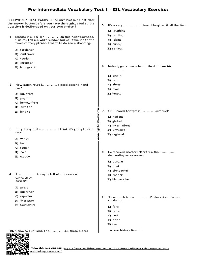 Pre-Intermediate Vocabulary Test 1 - ESL Vocabulary Exercises | PDF