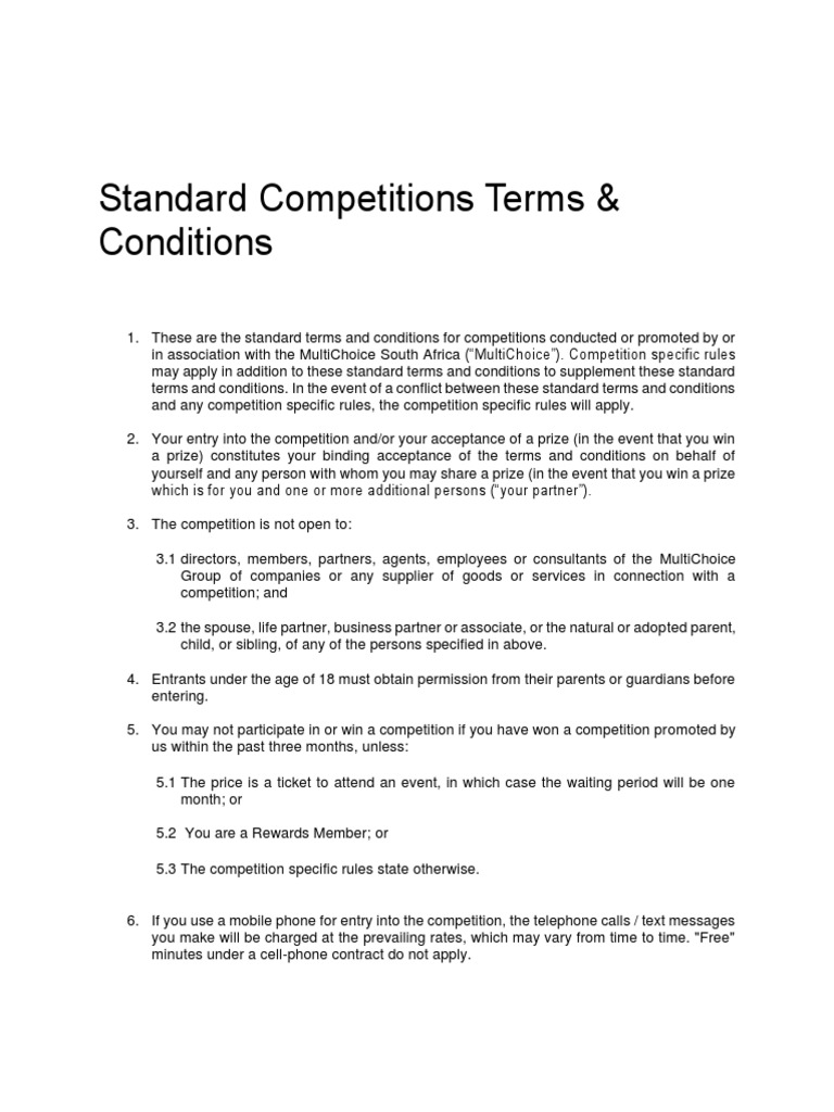 Standard Competitions Terms & Conditions | PDF | Indemnity | Competition
