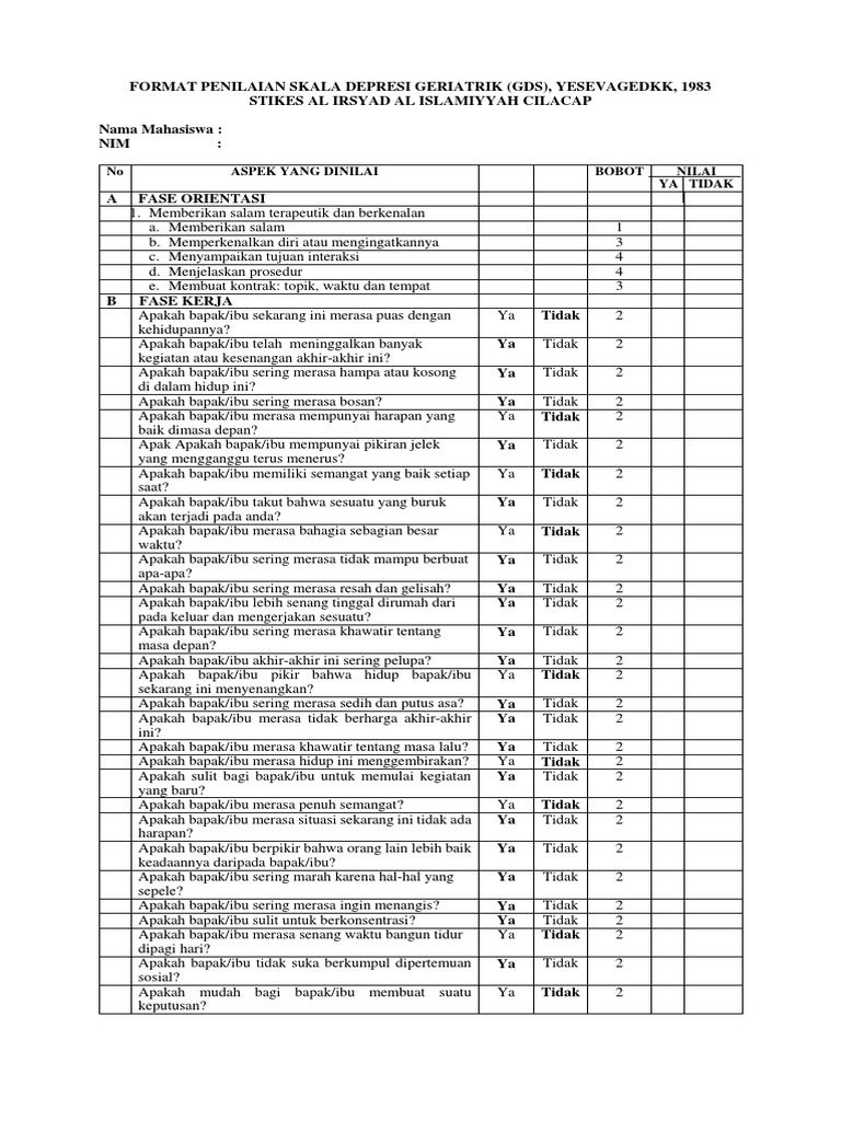 Format Penilaian Skala Depresi Geriatrik | PDF