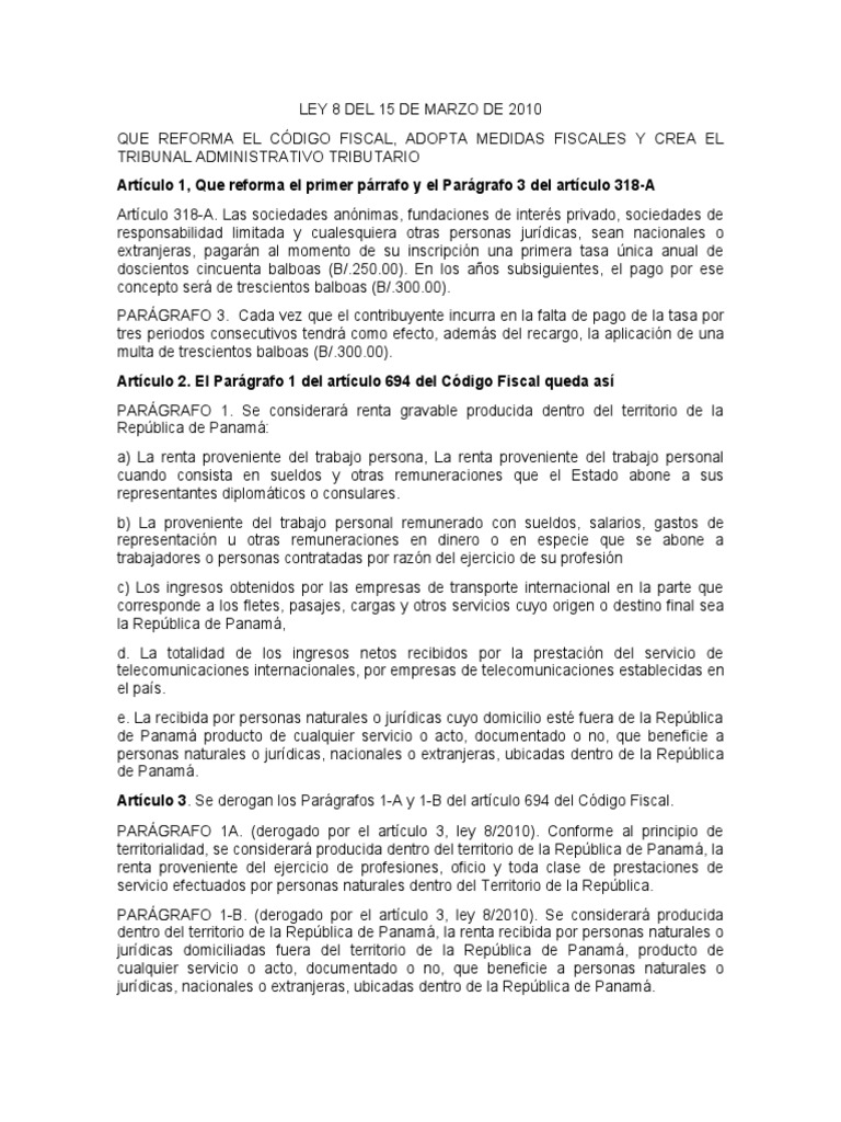 Resumen Ley 8 Del 15 de Marzo de 2010 | PDF | Salario | Economias