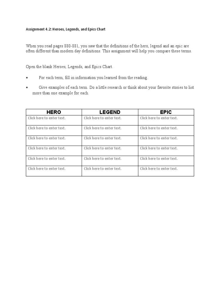 Unit 4 - Writing Assignment 4.2 - Heroes, Legends, and Epics Chart | PDF