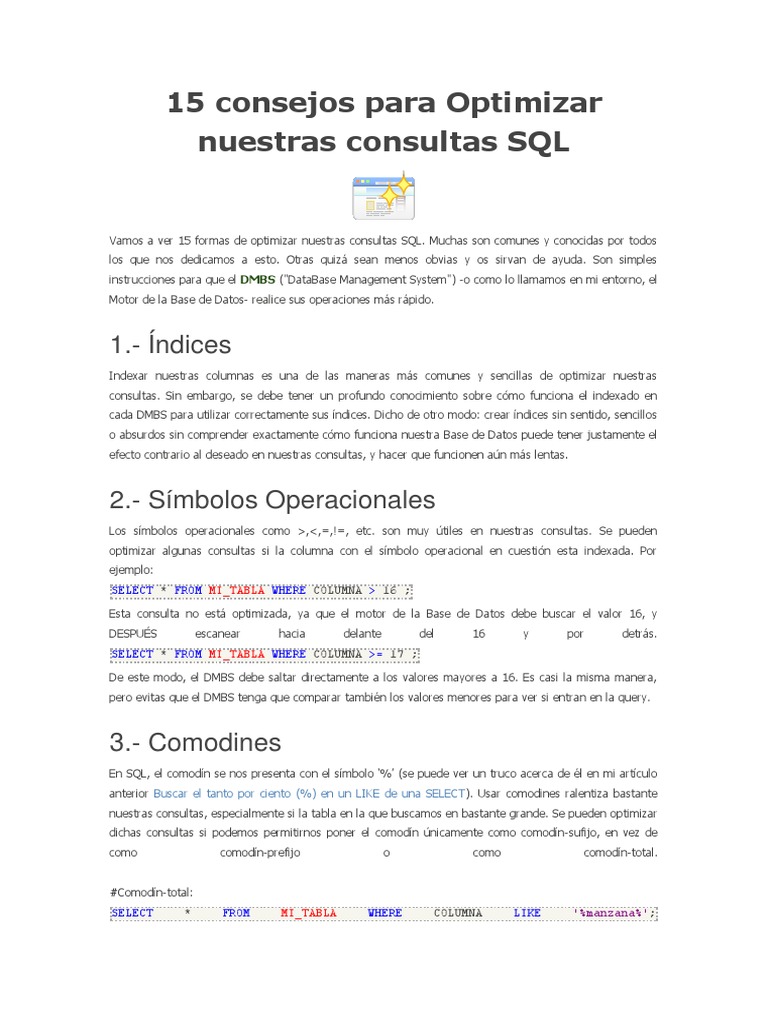 15 Consejos para Optimizar Nuestras Consultas SQL | PDF | SQL | Bases de datos