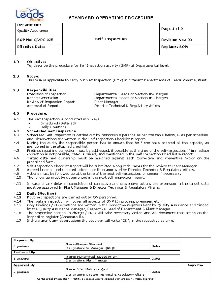 025 SOP Self Inspection | PDF | Quality Assurance | Business Process