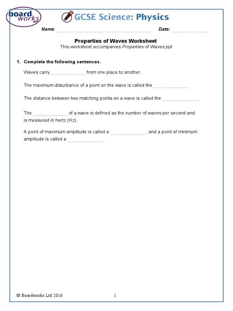 Properties of Waves Worksheet | PDF | Teaching Methods & Materials ...