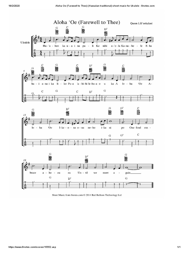 Aloha Oe Ukulele Sheet Music | PDF | Art