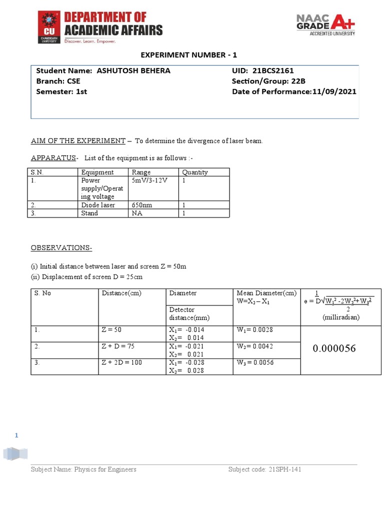 Experiment Number - 1 Student Name: ASHUTOSH BEHERA UID: 21BCS2161 ...