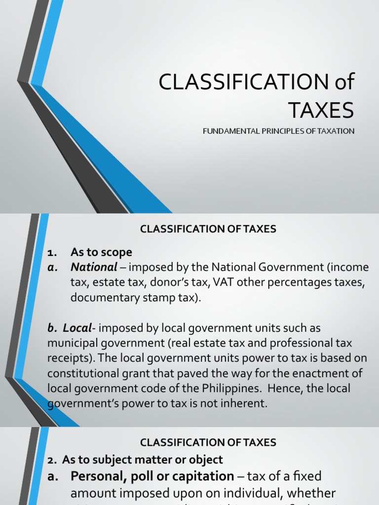 Tax Classification and Principles Overview | PDF | Taxes | Ad Valorem Tax