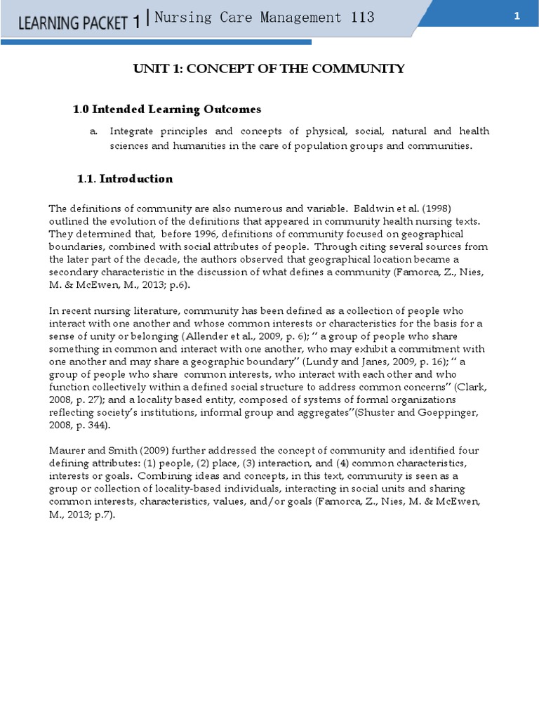Unit 1: Concept of The Community: 1.0 Intended Learning Outcomes | PDF ...