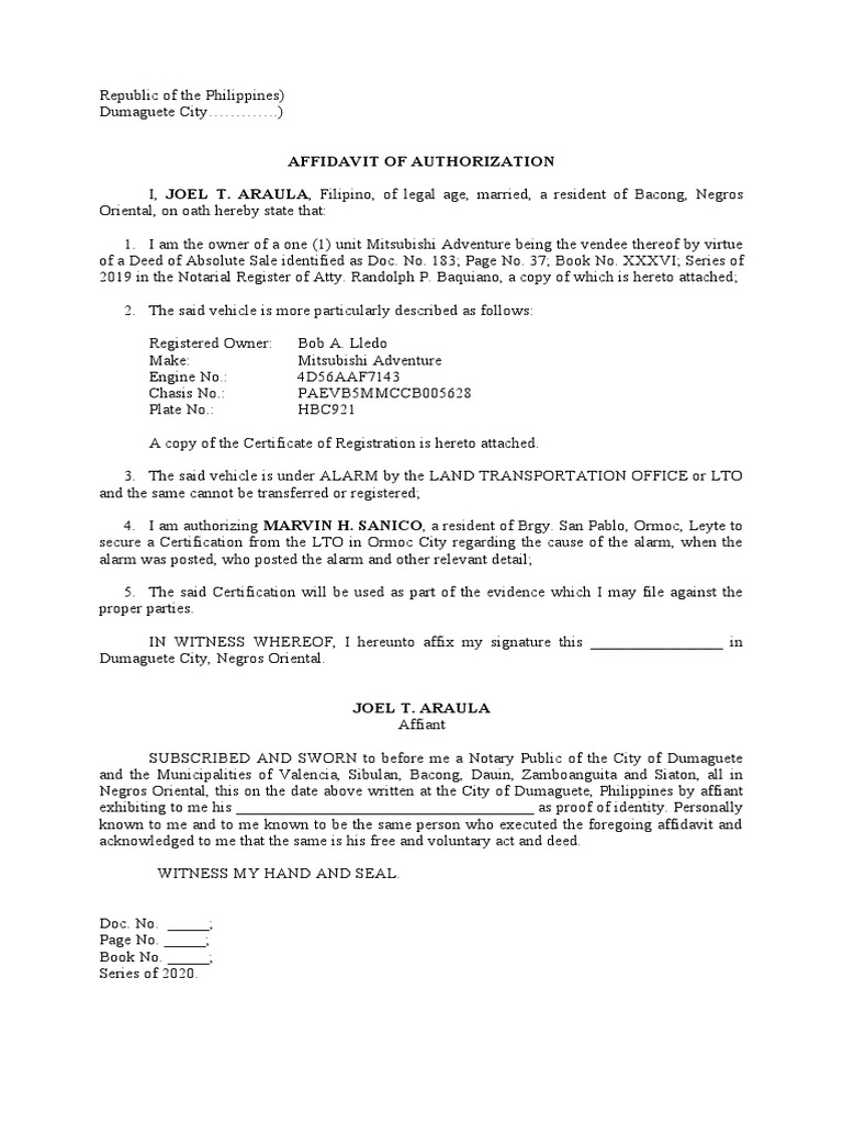 Affidavit of Authorization | PDF | Politics