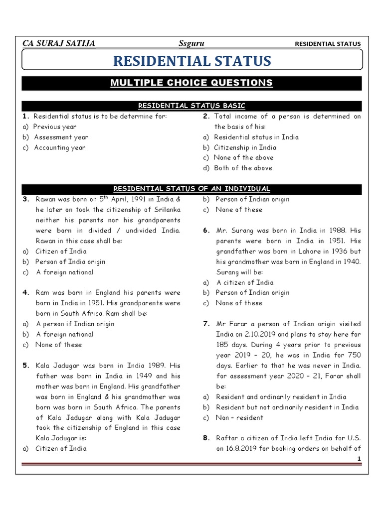 Residential Status: Multiple Choice Questions | PDF | Citizenship ...