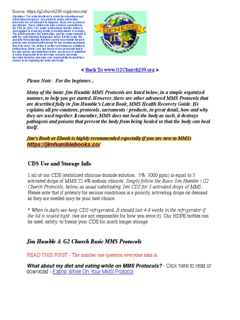 Jim Humble Genesis 2 Church MMS Protocols | PDF
